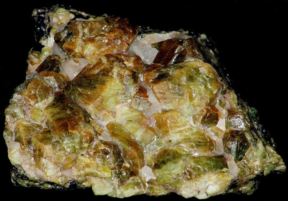 FOMS - Root beer and honey green willemite crystals with calcite and franklinite from Franklin, NJ.